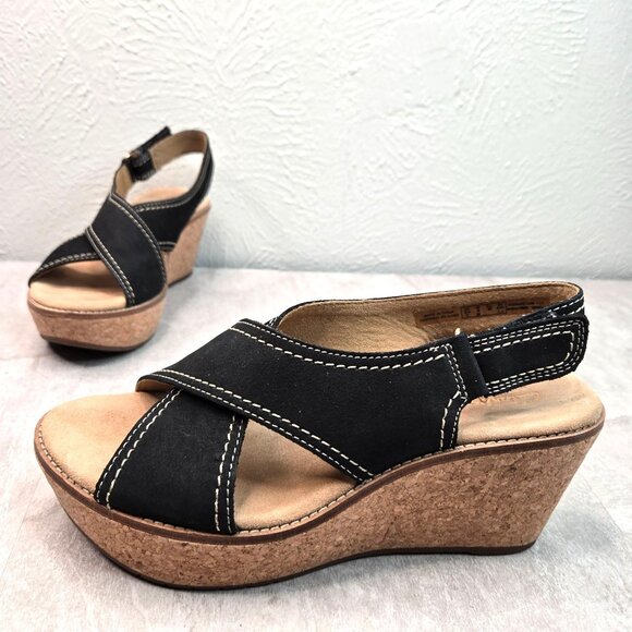 Clarks | Shoes | Clarks Wedge Sandal Sz 8 Black Leather Open Toe Chunky ...